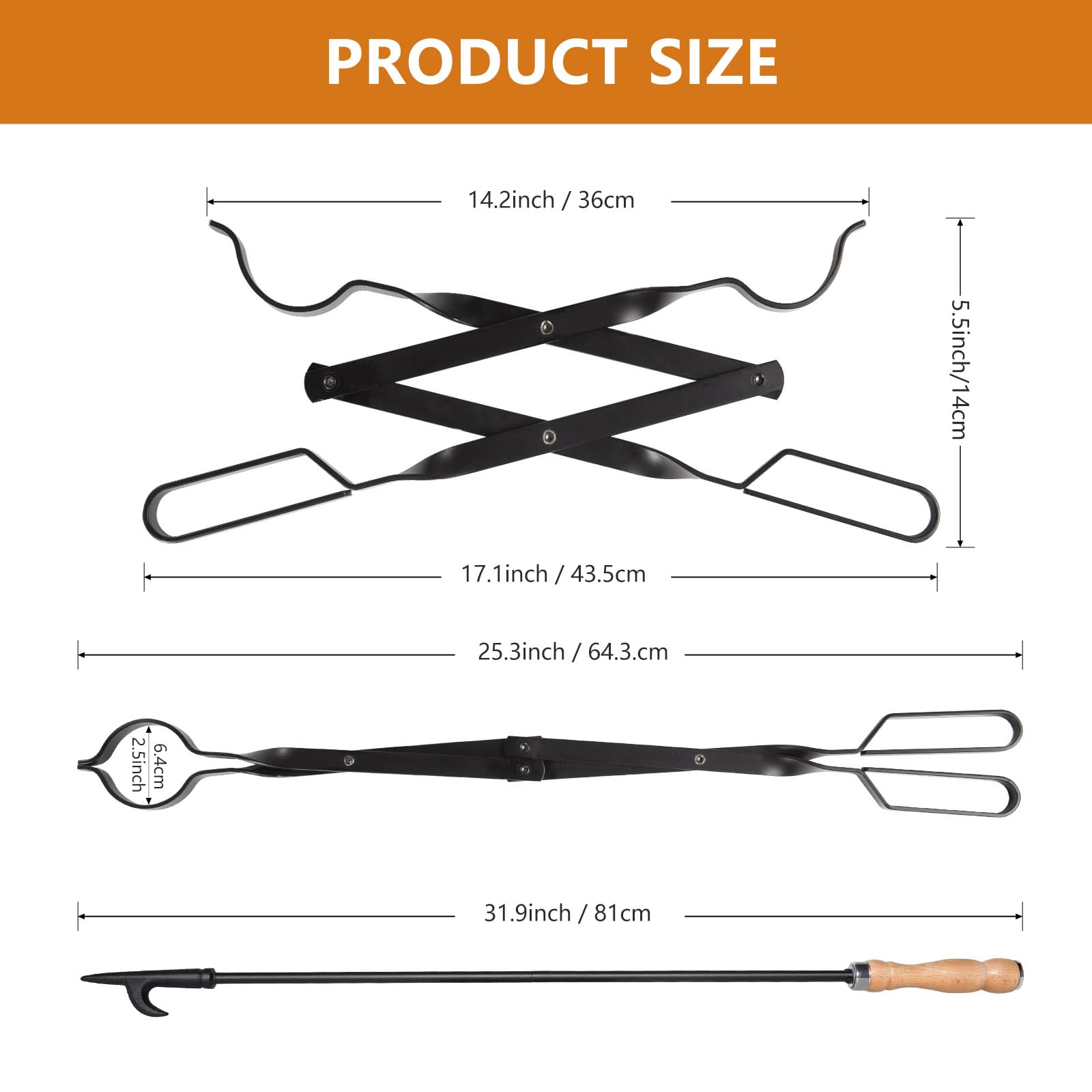 Heavy Duty 32β Long Fireplace Fire Pit Campfire Poker Stick and 26β Fireplace Tongs Tool Sets, Log Grabber, Rust Resistant Black Finish Camping Fireplace Tools for Indoor/Outdoor