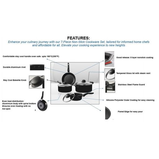 Deahun Mainstays 7 Piece Non-Stick Cookware Set Aluminium Mint, Dishwasher Safe (Black)