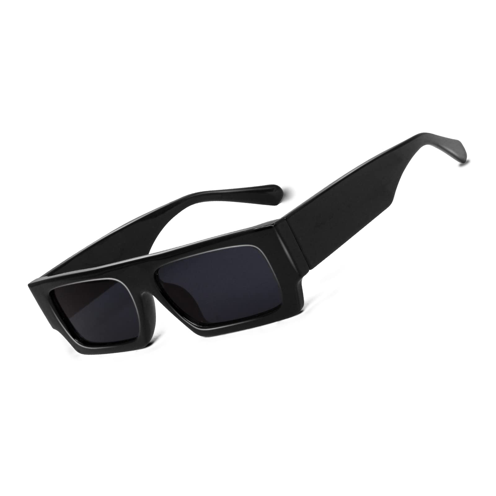 Hanj 90s Small Vintage Narrow Square Sunglasses for Men Women UV400 Trendy Retro Black Glasses Cool Rectangular Shades (Polished Black)