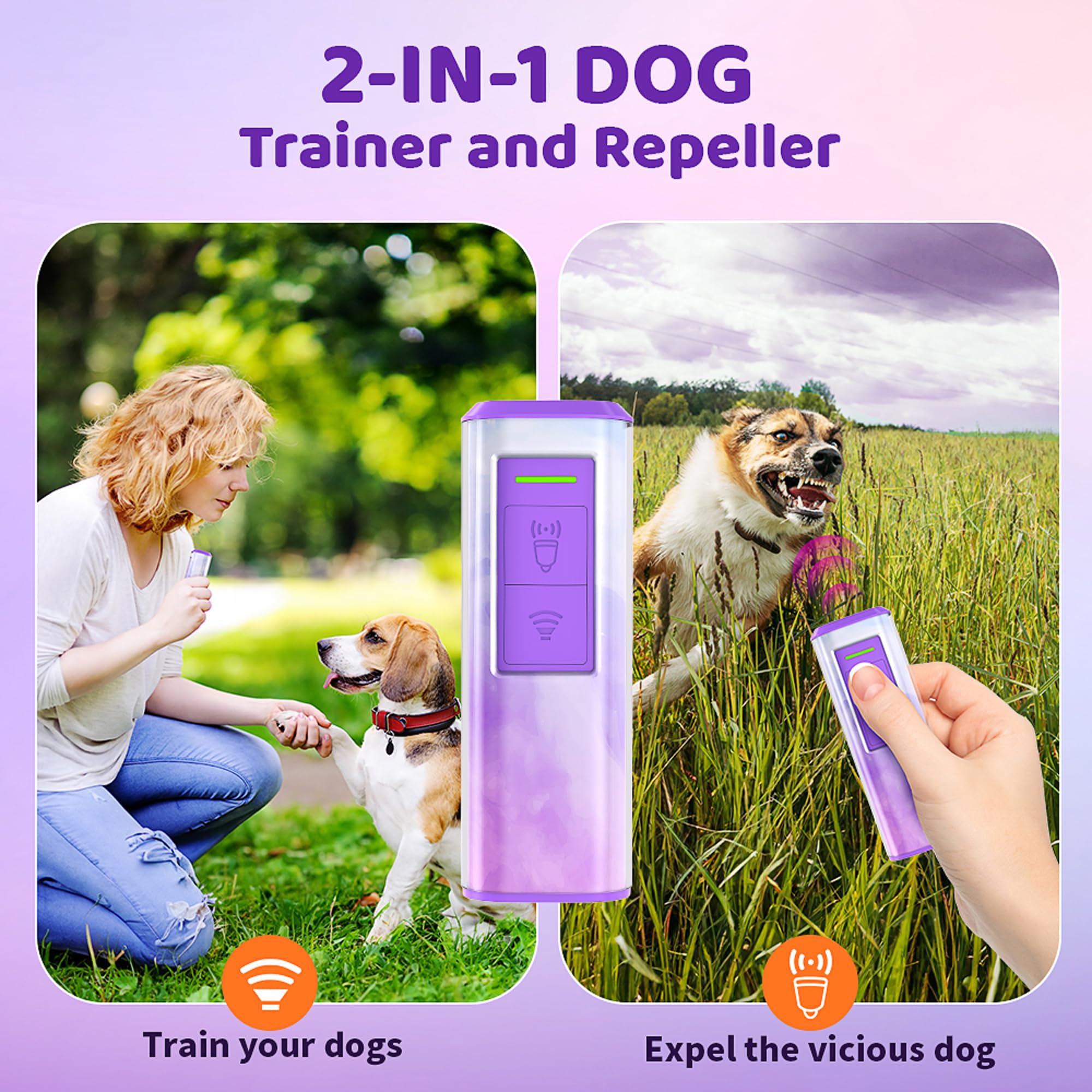 LILEEE Dog Bark Deterrent Devices, Ultrasonic Anti Barking Device for Dog, Effective Control Range up to 23 Ft, Dog Training Device Indoor&Outdoor with LED Flashlight (White Purple)
