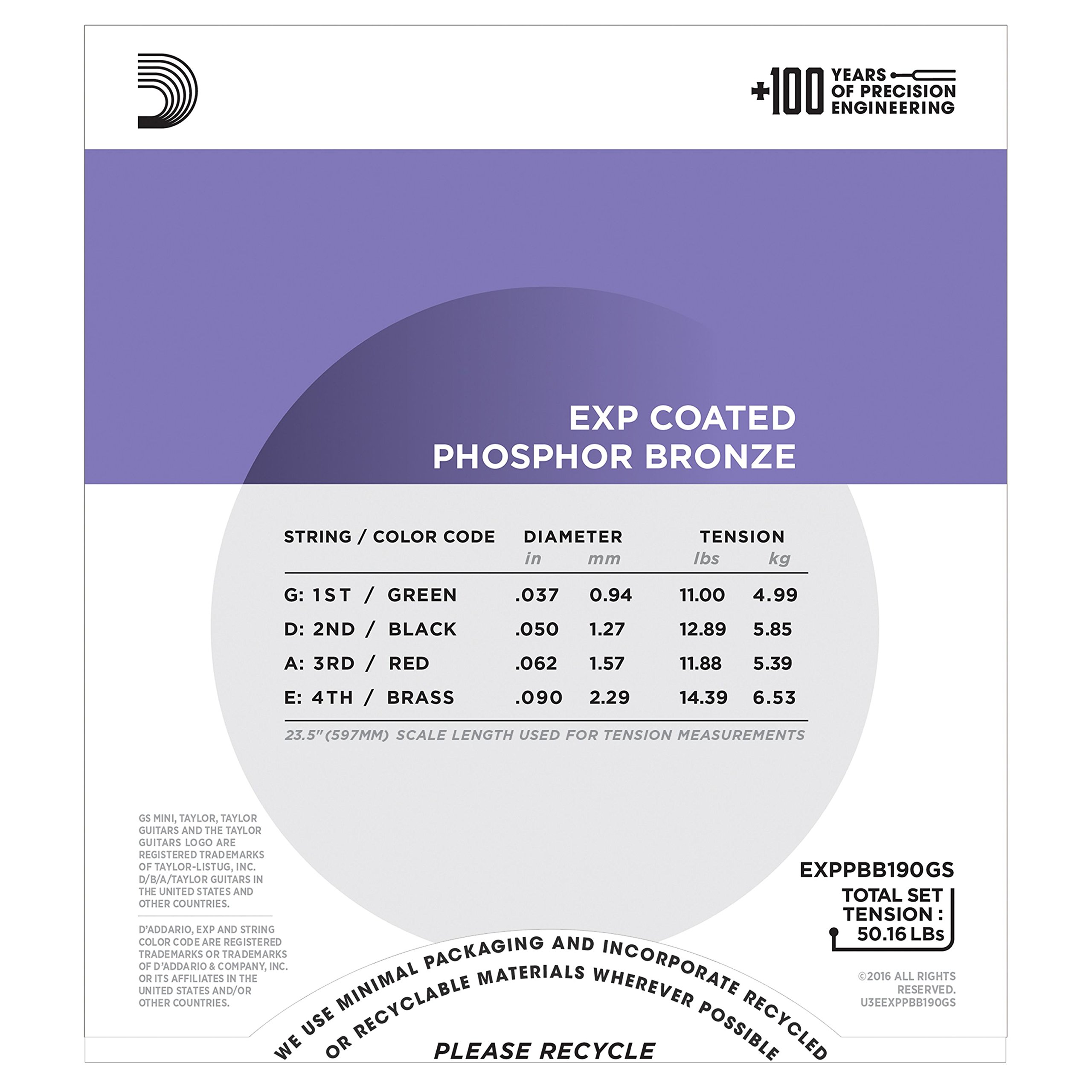 D'Addario EXPPBB190GS Phosphor Bronze Coated Acoustic Bass Strings, Taylor GS Mini Scale, 37"-90"