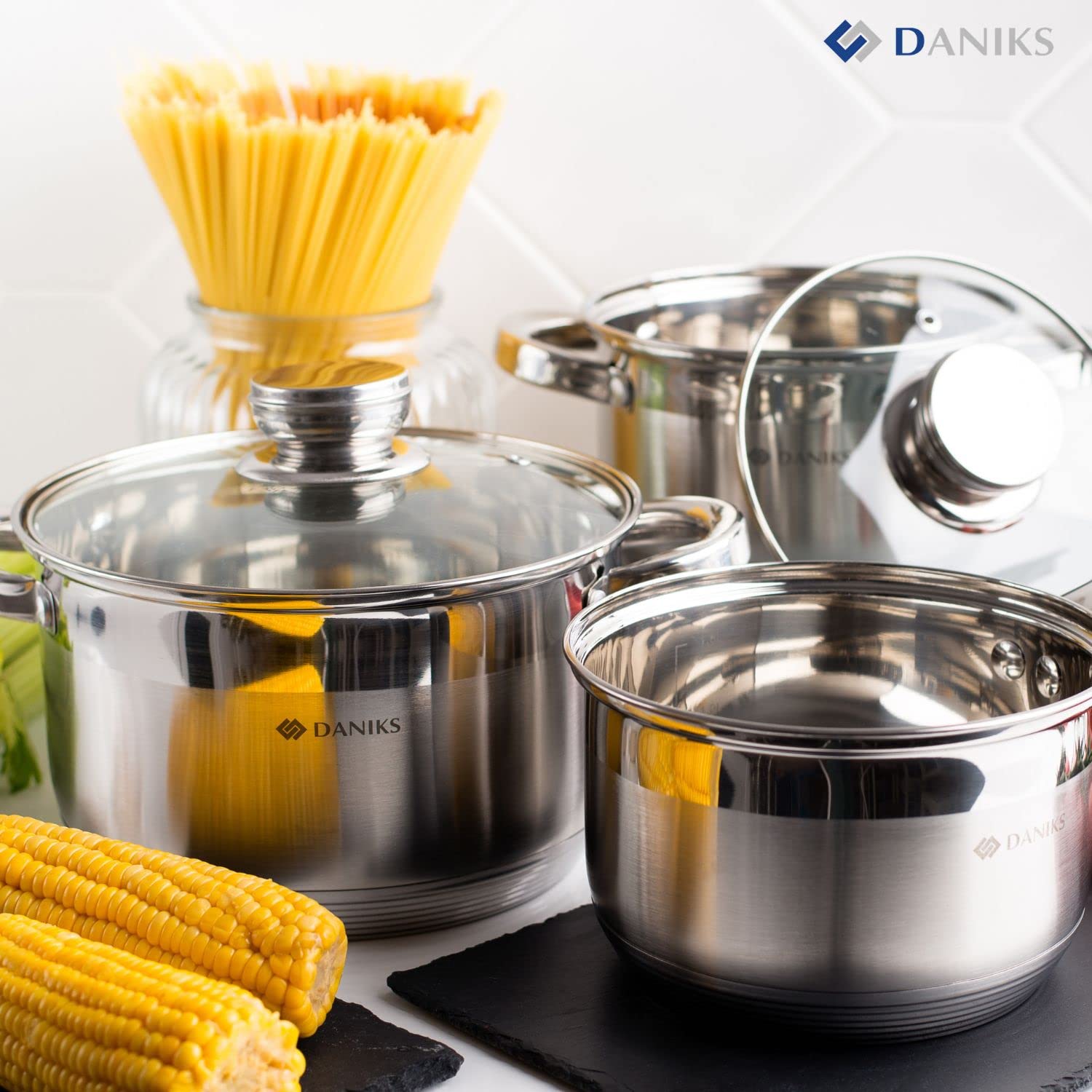 Daniks Standard Stainless Steel Stock Pot with Glass Lid | Induction 2 Quart | Dishwasher Safe Pot | Measuring Scale | Soup Pasta Stew Pot | Silver