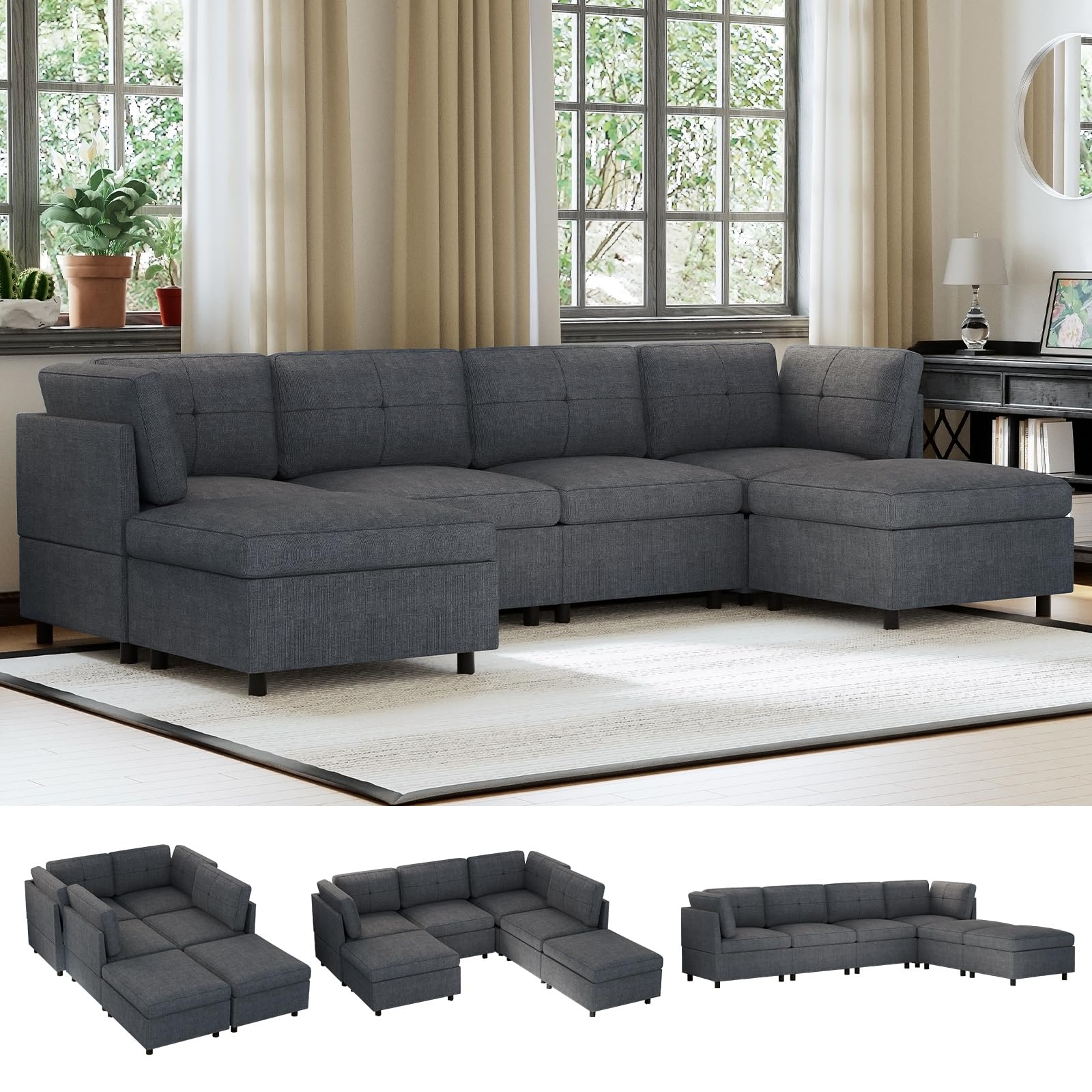 Mjkone Convertible Sofa Couch, Modern U Shaped Sofa with Tufted Back Cushion, 6 Seat Oversized Sectionals Sofa Couch with Ottomans for Living Room/Apartment/Office (Beige)