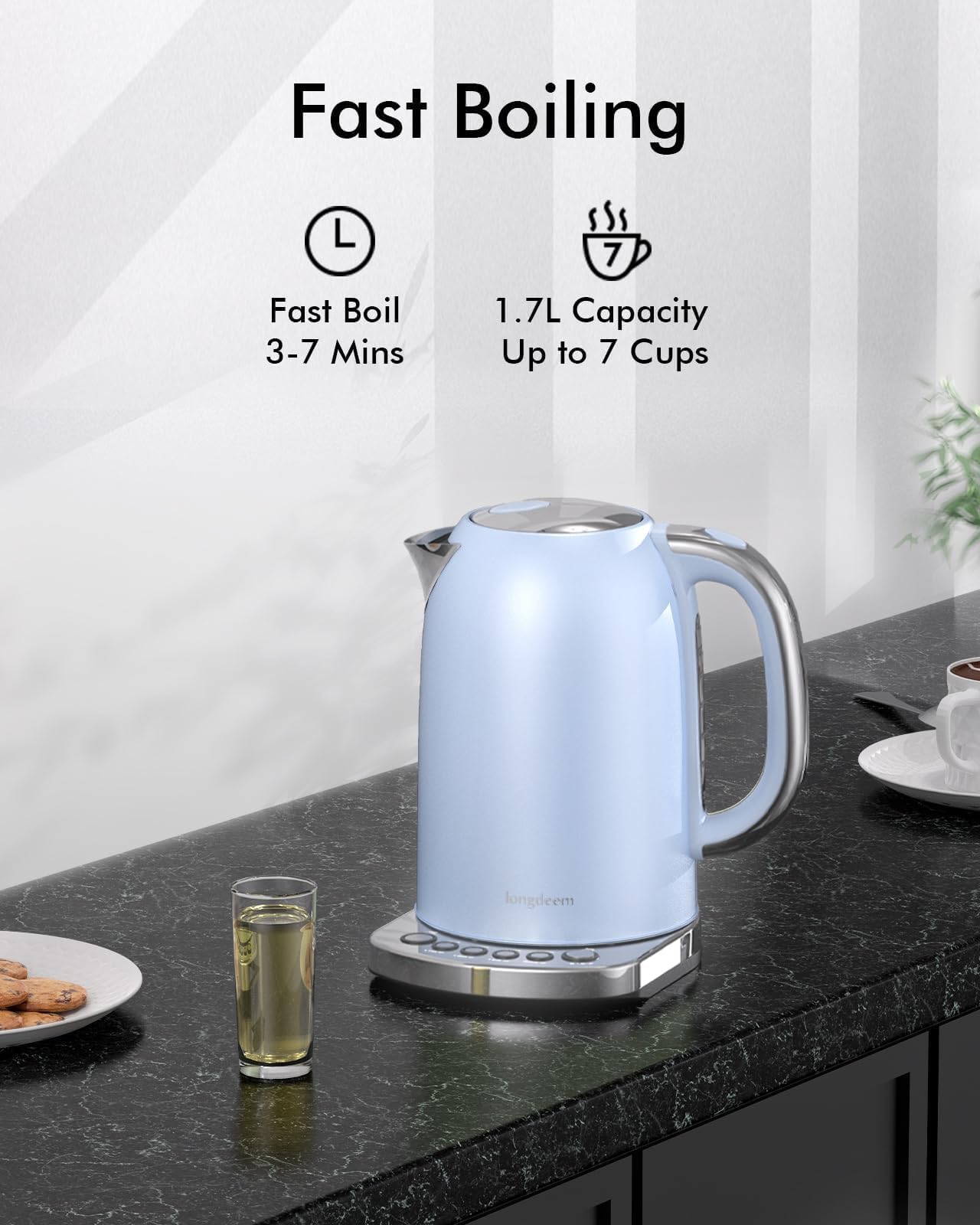 Electric Tea Kettle with Temperature Control, Longdeem 1.7L Stainless Steel Water Boiler & Heater, 1500 Watts for Fast Boiling, Cordless Serving with LED Light, Pastel Blue