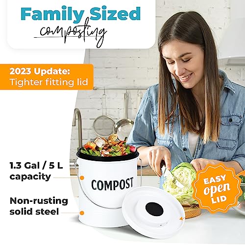 Kitchen Compost Bin by Saratoga Home - 1.3 Gal/5L Metal Compost Bucket for Kitchen Countertop, Kitchen Composter, Countertop Compost Bin, Compost Bin Kitchen, Kitchen Compost Bin Countertop, White