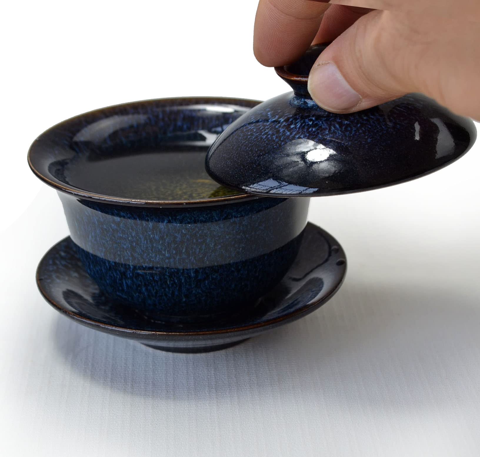 GDLK Gaiwan Tea Cup 6oz Porcelain Teacup Smooth Glaze Tureen Saucer with Lid Chinese Gongfu Set, Blue