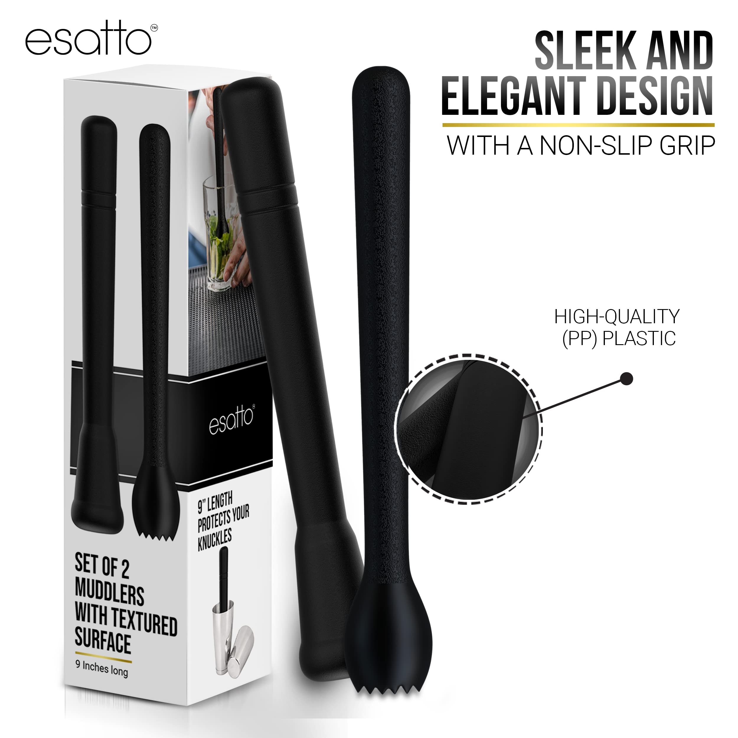 Esatto Professional Bar Tool Muddler 25 CM (9 Inches) Ribbed β Made with ABS Plastic, Black Set of 2 β Durable and Ribbed for Mashing Fruits, Berries, Sugar, Spices, and Herbs