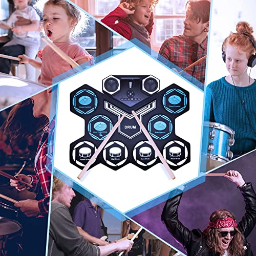 Electronic Drum Set for Adults, Gimigo Electronic Drum Pad with Multicolor LED Digital Display Hand Roll-Up Drum Kit 9 Silicon Durm Pad Built-In Stereo Speaker Bluetooth, MIDI for Kids Beginners