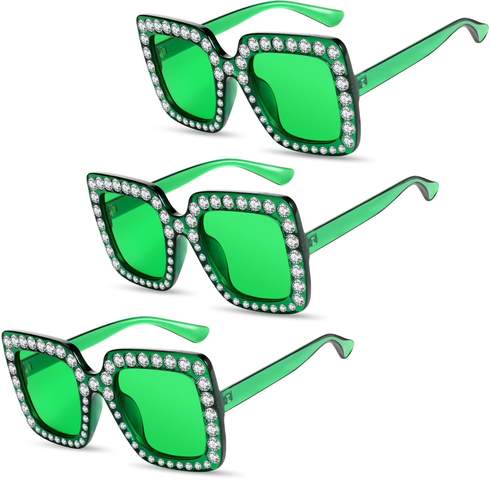 Ecally 3 Pairs St. Patrick's Day Glasses Green Square Rhinestone Sunglasses Oversized Disco Sunglasses Accessories for Women Men Irish Day Party Gift