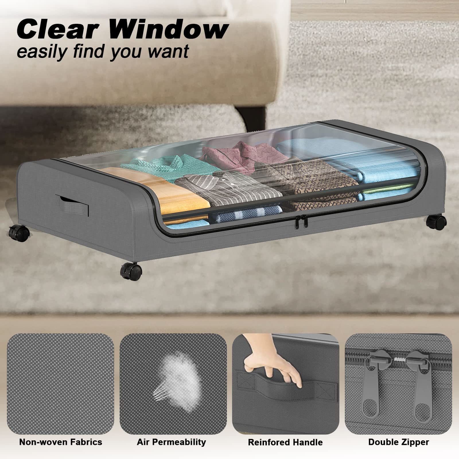 Longzhuo Under Bed Storage with Wheels, Under Bed Storage Containers, Rolling Under Bed Storage, Dustproof Under Bed Shoe Storage, Organization and Storage for Clothes, Shoes