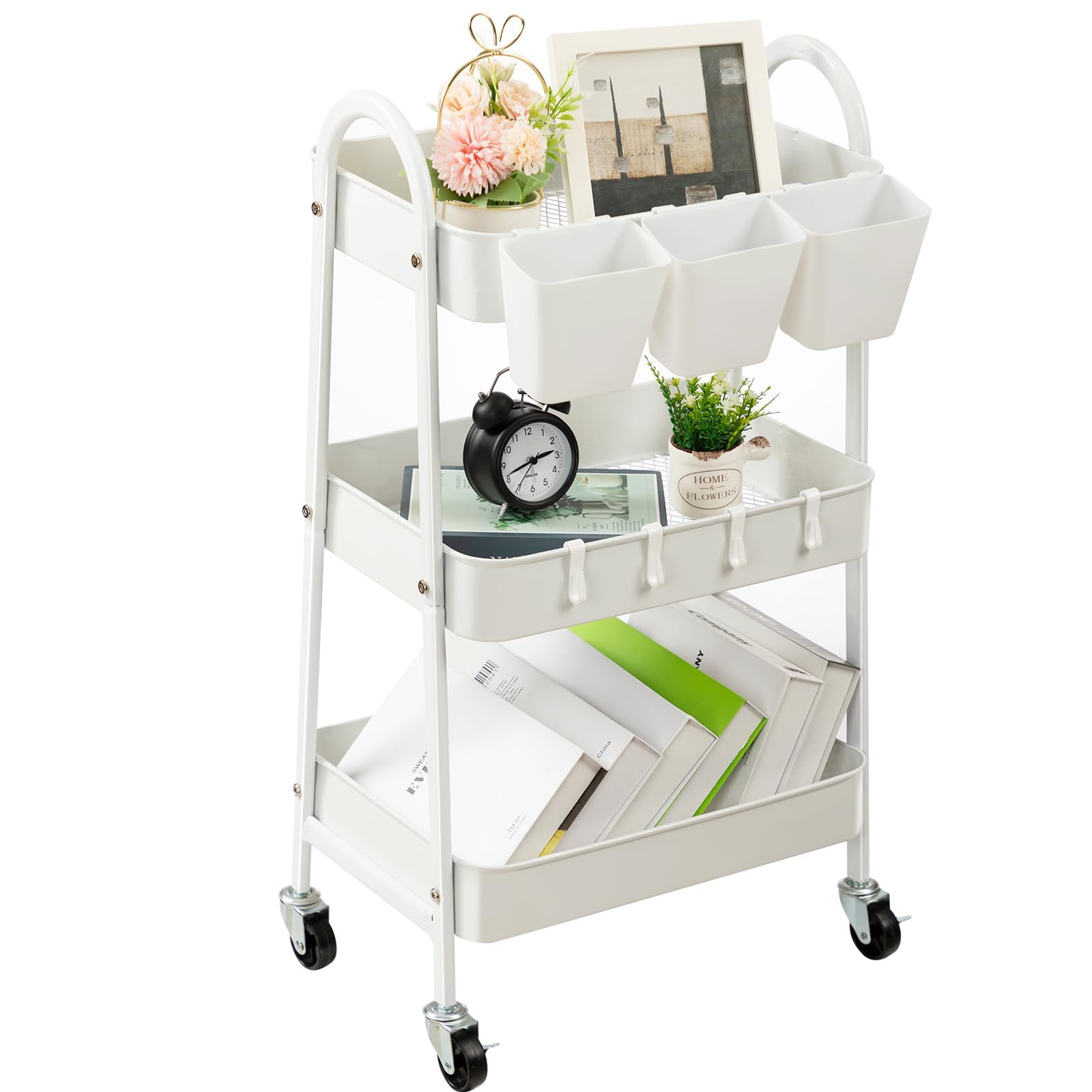 danpinera 3-Tier Rolling Cart, Metal Rolling Storage Cart with Lockable Wheels & Hanging Cups & Hooks, Mobile Trolley Cart for Kitchen, Bathroom, Office, Workshop, White