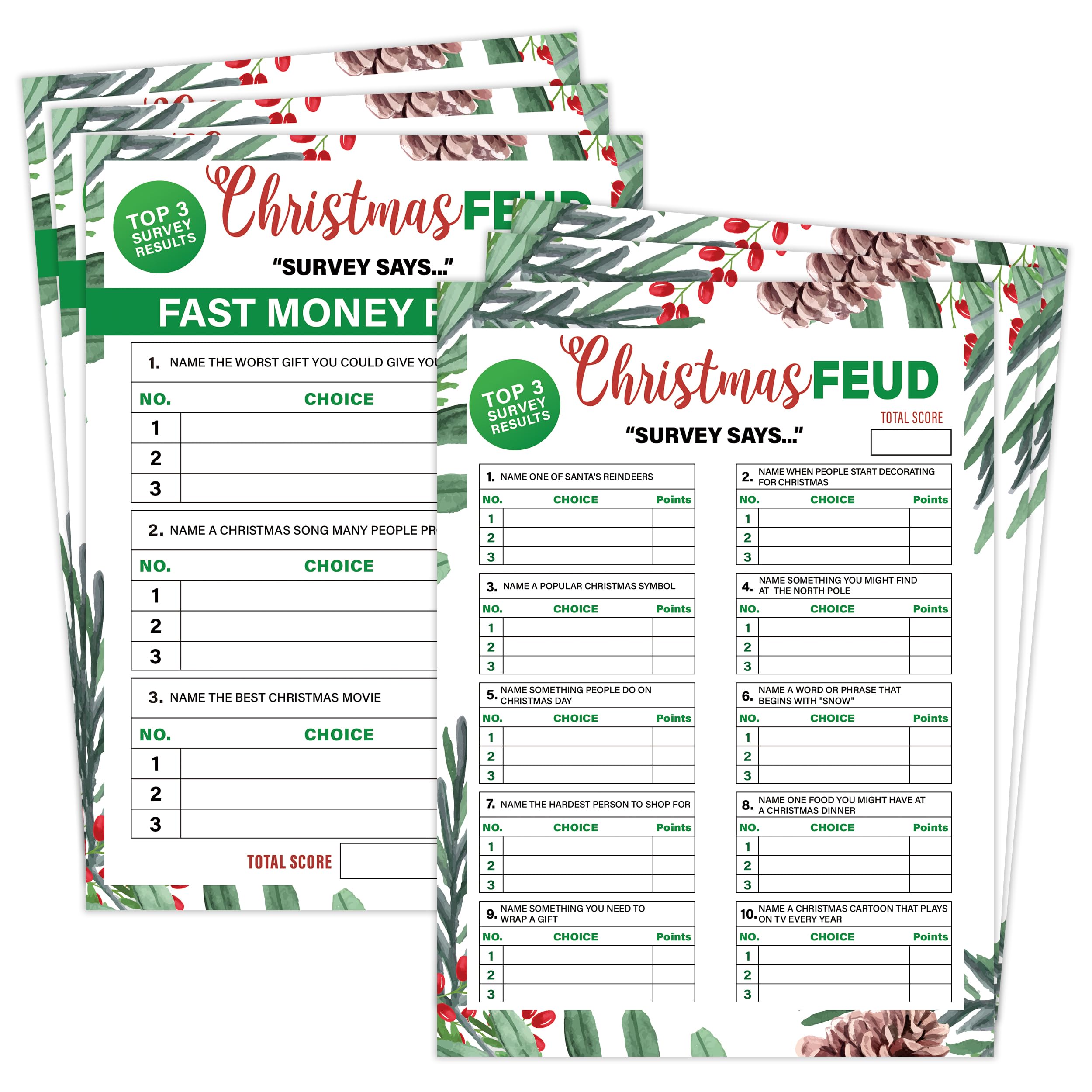 Christmas Feud Game Set, Friendly Feud Quiz, Baby Shower Game, Christmas Party Activity, Family Games for Adults (30 Feud Cards + 3 Fast Money Round Cards) Xmas Holiday Winter Party Decorations-P006