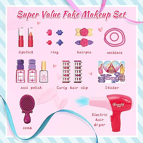 Pretend Play Girls Makeup Table Set with Stool,Open Doors by Gestures,Kids Vanity Set with Lights and Music,Toddler Beauty Salon Set with Makeup Accessories & Hair Dryer Toy for Toddlers 3-5 Years Old