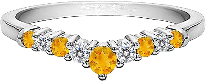 Elegant Touch Round Cut Created Gemstone 14k Gold Plated Sterling Silver Curved Wedding Band Ring for Women (Created Yellow Citrine, 12.5)