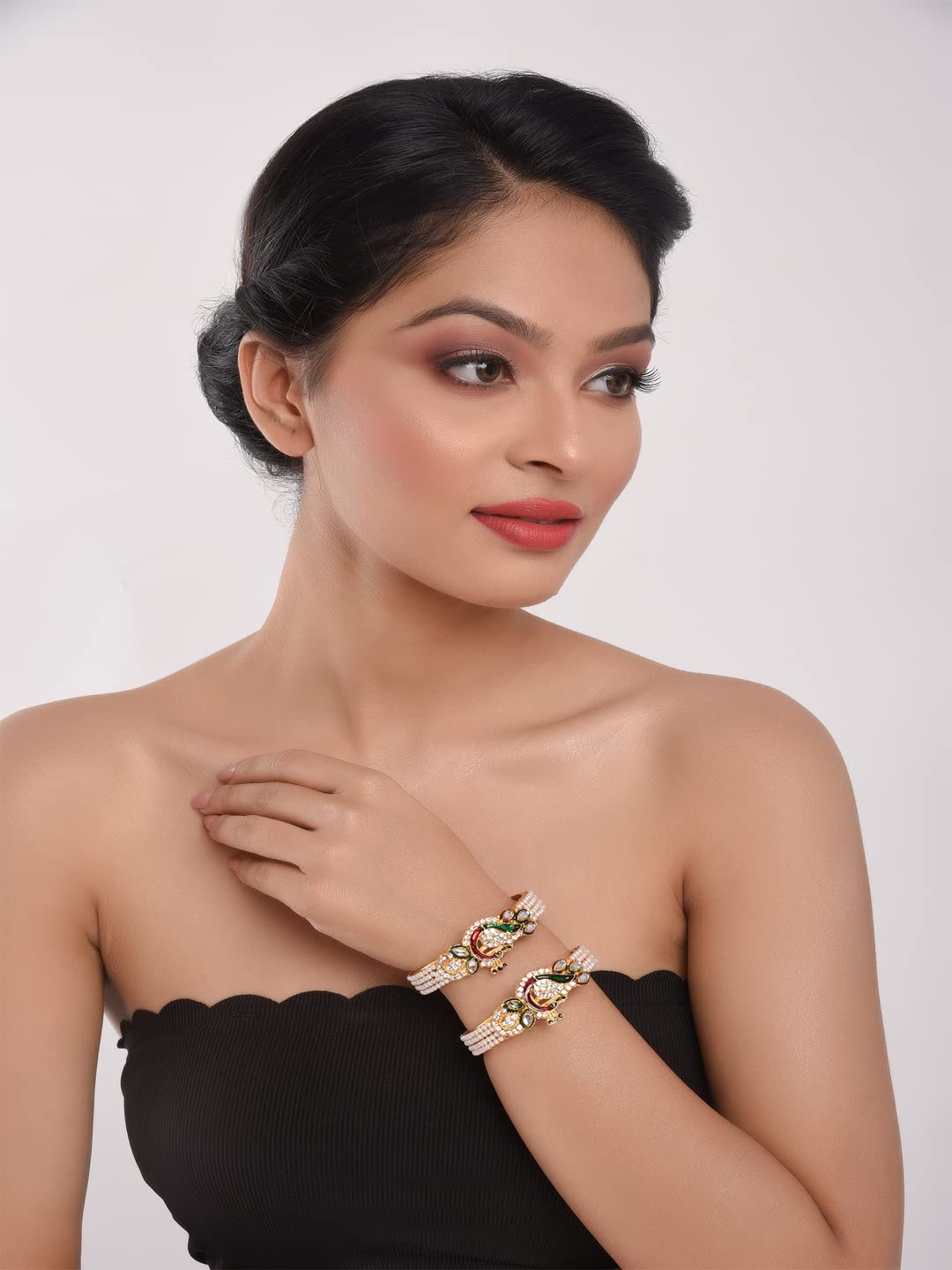 Efulgenz Fashion Jewelry Indian Bollywood Faux Pearl Kundan Rhinestone Peacock Bracelet Bangle (2 Pc) Multicolor