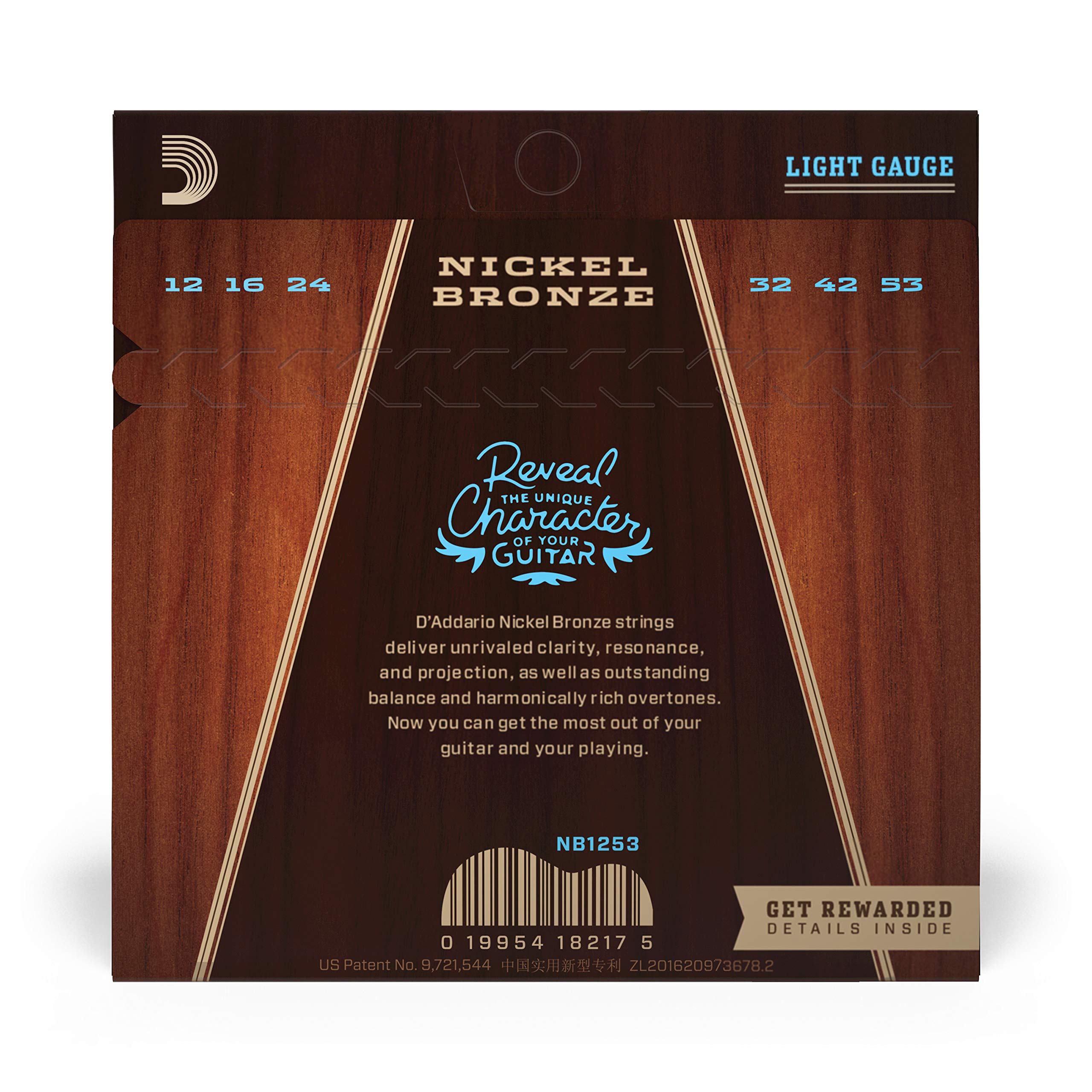 D'Addario Guitar Strings - Acoustic Guitar Strings - Nickel Bronze - For 6 String Guitar - Natural, Clear, & Focused Tone - NB1253 - Light, 12-53