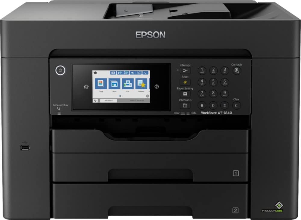 Epson Workforce Pro WF 78-Series Wireless All-in-One Inkjet Printer, Wide-Format Printing up to 20" x 20", Auto Duplex Print, Copy Scan Fax, Bonus 2 Black Ink Bottle
