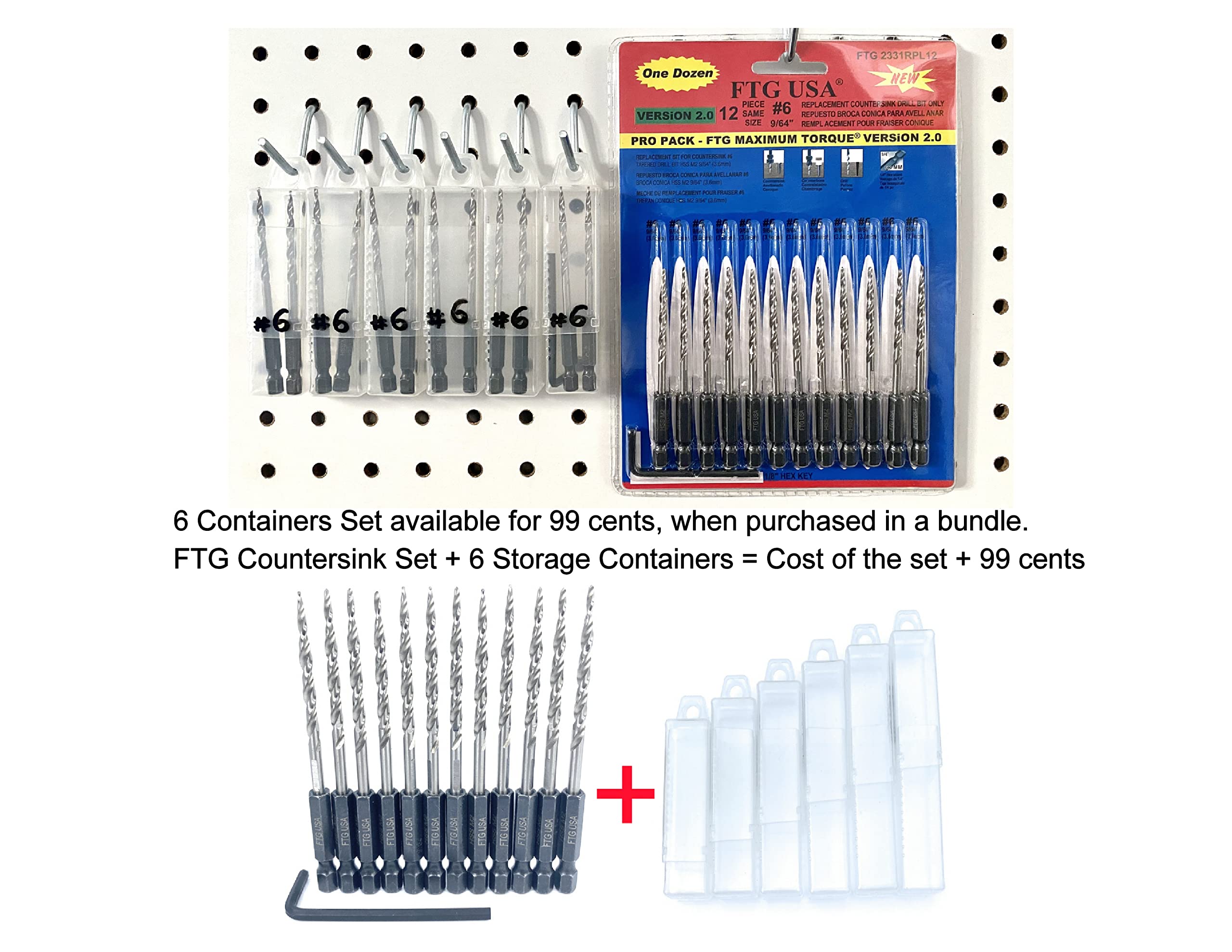 FTG USA Tapered Countersink Drill Bit Set 12 Pc (#6) 9/64" Countersink Bit Same Size Bit Replacement Only, Countersink Replacement Drill Bit with Improved Connection Drill-Hex Shank Without a Pin