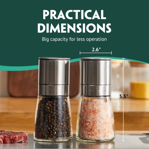 KITEXPERT Salt and Pepper Grinder Set, Chunky Glass Pepper Mill and Salt Grinder Refillable with Large Capacity & Upgraded Grinding Precision, Stainless Steel Pepper Mill Grinder