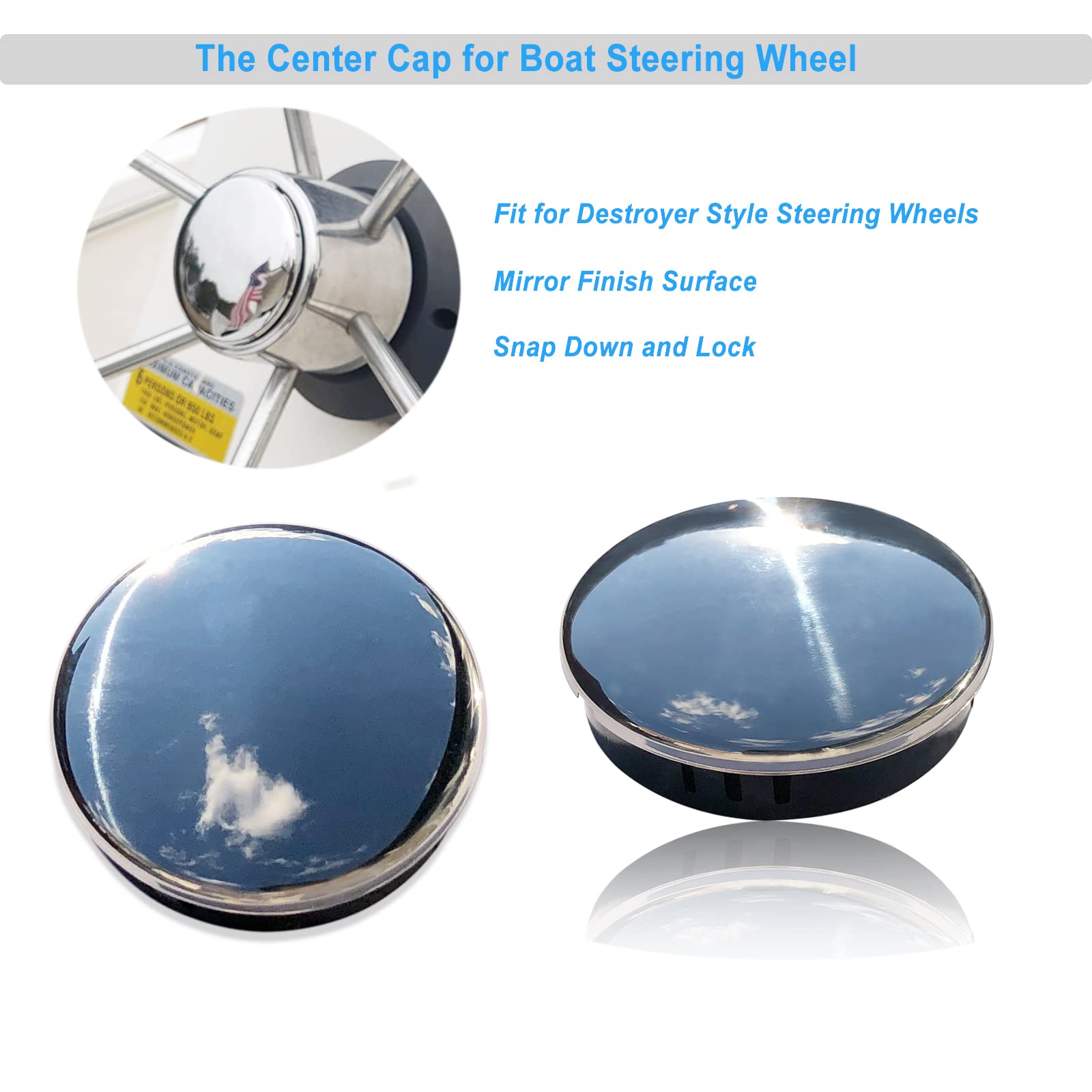 Duthyvea 2Pcs Boat Steering Wheel Center Cap for 2-1/2" Hole 5 Spoke Destroyer Style Marine Steering Wheels Centre Hub Cover, Stainless Gloss Surface, Plastic Body, Snap-in Button