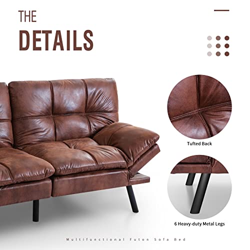 IULULU Futon Sofa Bed, Faux Leather Couch, Modern Convertible Sleeper Daybed with Adjustable Armrests for Studio, Apartment, Office, Small Space, Compact Living Room, Brown
