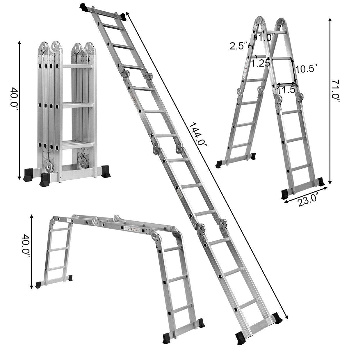 ERGOMASTER Extension Ladder 7 in 1 Aluminum Folding Step Ladders Adjustable Telescoping Multi Position Ladder for Home Stairs Roof Warehouse 330lbs(12.2 Feet)