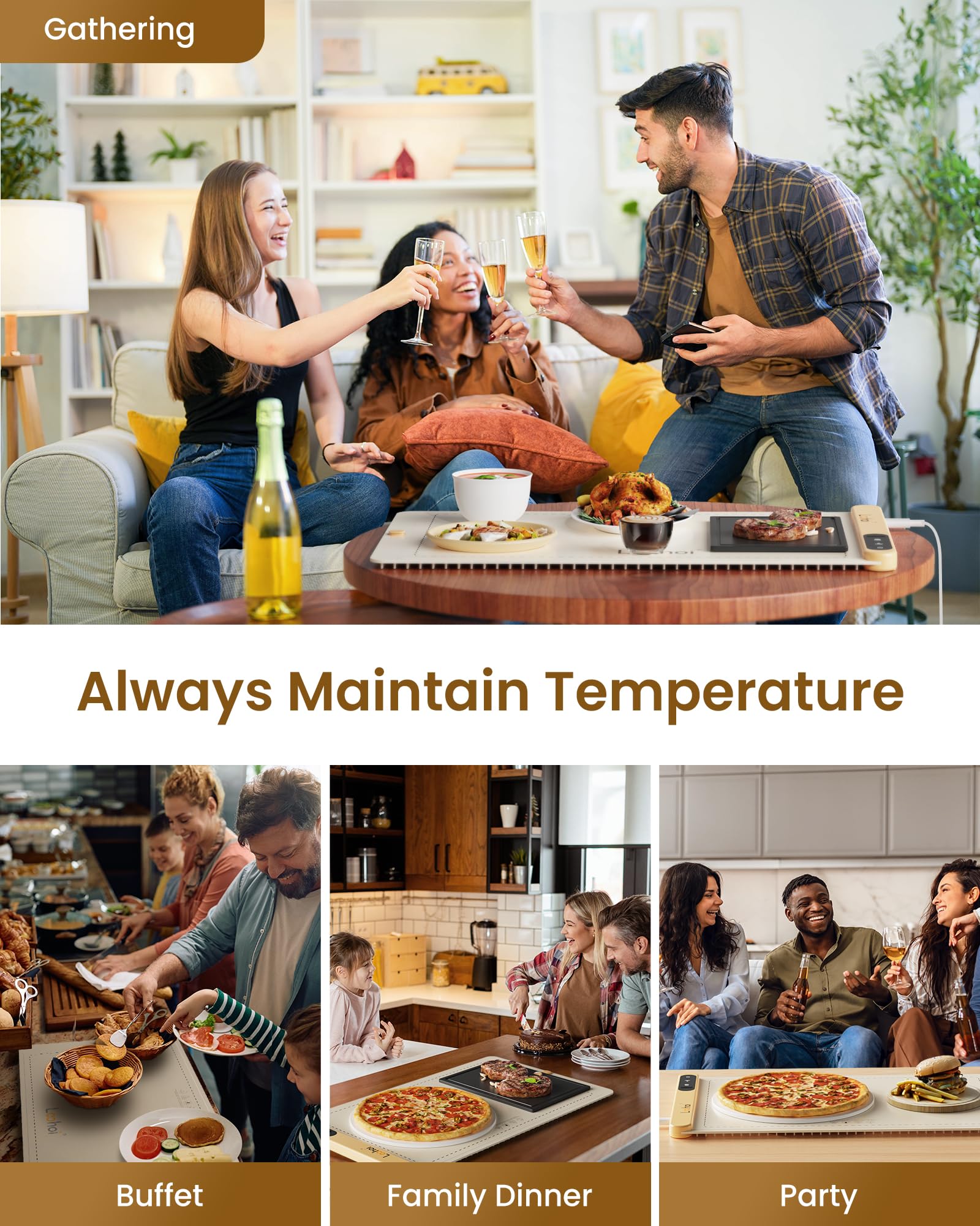 LOOHOI Food Warming Mat,Full Surface Heating Electric Warming Tray with 6 Temperature Settings & Fast Heating, Silicone Roll Up Food Heating Mat Food Warmers for Parties Gatherings Everyday Use