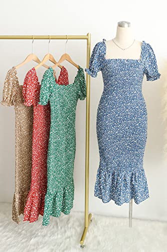 PRETTYGARDEN Women's Summer Floral Midi Bodycon Dresses Short Puff Sleeve Square Neck Ruffle Hem Mermaid Cocktail Dress (Red,Large)