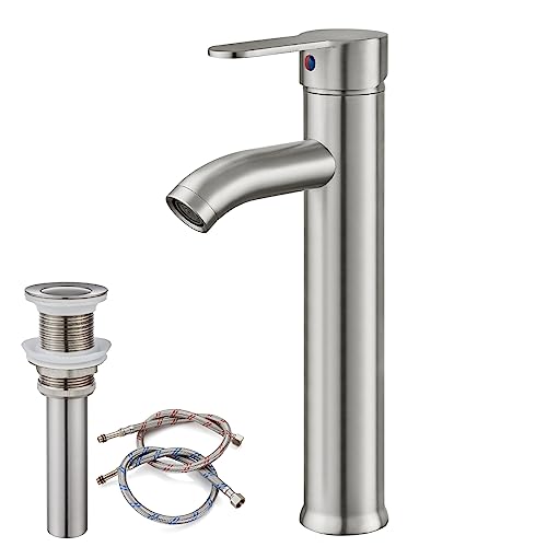 gotonovo Bathroom Sink Faucet Lavatory Vanity Mixer Bar Tap Combo Single Hole Single Handle Deck Mount with Water Supply Lines Brushed Nickel Vessel with Metal Pop Up Drain