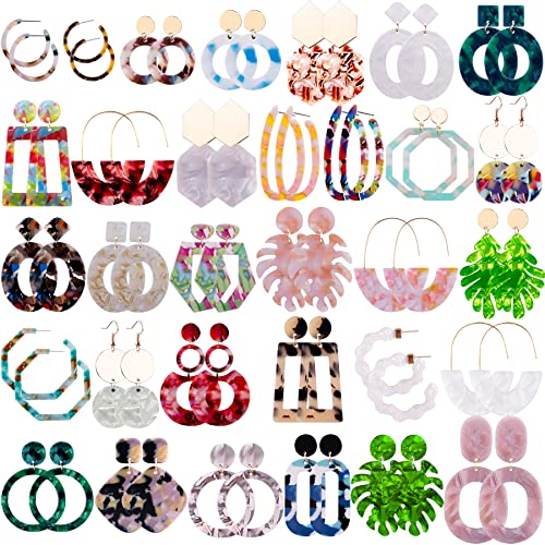Duufin 32 Pairs Acrylic Earrings Bulk Statement Earrings for Women Acrylic Hoop Earring Mottled Resin Drop Dangle Earrings Polygonal Bohemian Earrings