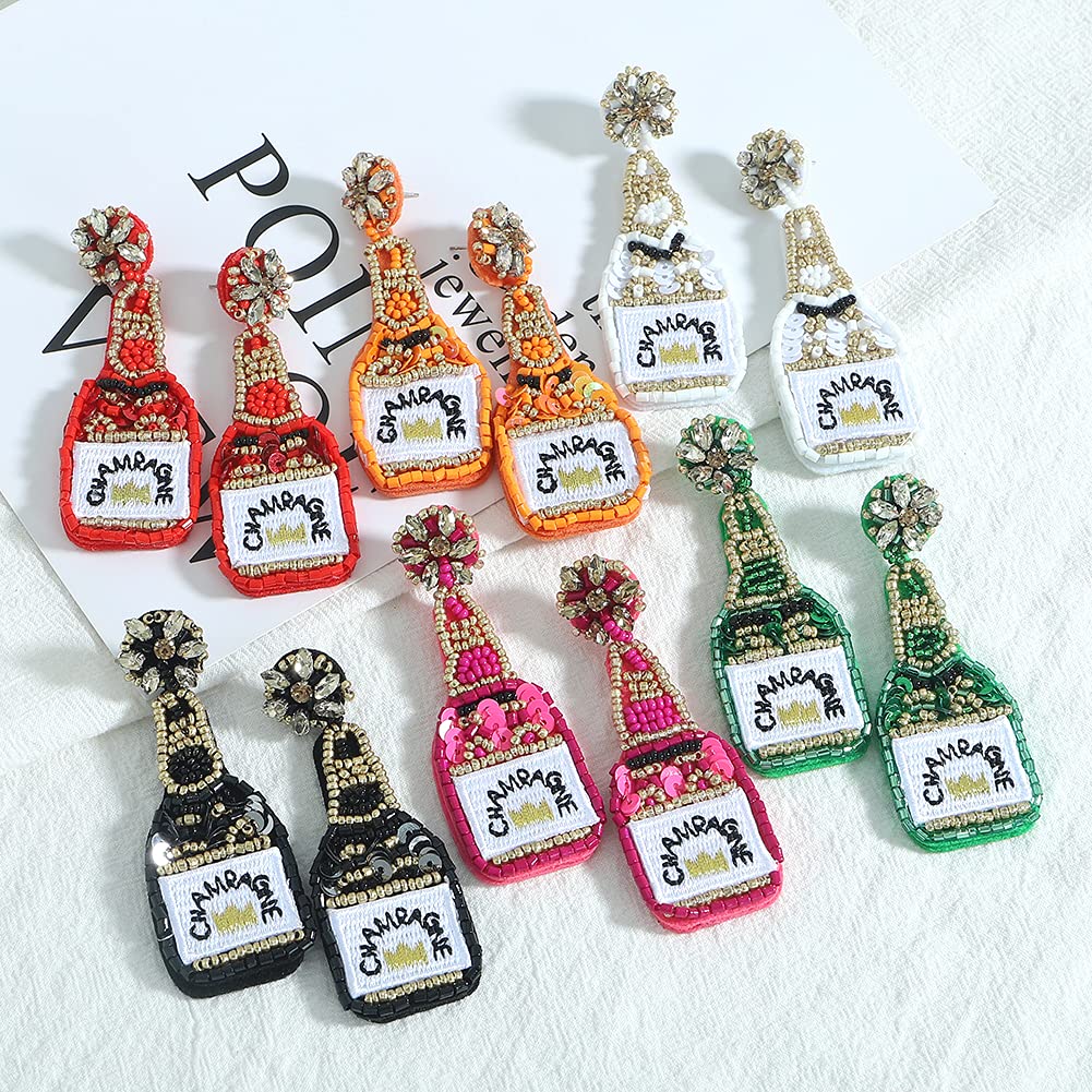 Dvacaman 2 Pairs Beaded Fun Champange Bottle Earrings Sets for Women Handmade Bead Champagne Bottle Sparkling Wine Drop Dangle Earring Statement Jewelry(Champagne pink & gold)