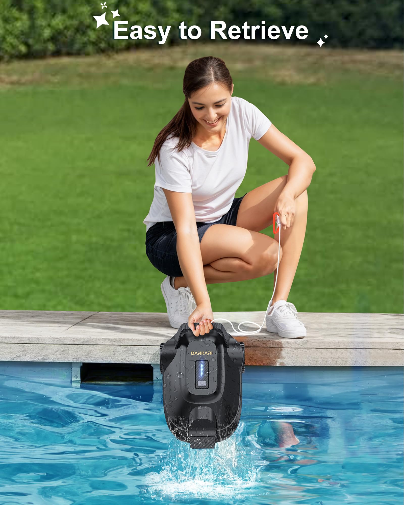 DANKARI Cordless Pool Robot Vacuum, Robotic Pool Rechargeable Cleaner for above Ground & In-Ground Swimming Flat Pools, Lasts 100 Mins, Automatic Self-Parking & Obstacle Avoidance (White)