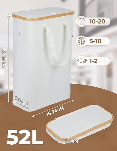 yamagahome Slim Laundry Basket with lid 52L, Collapsible Narrow Laundry Hamper with Removable Washable Laundry Bag, Thin Hamper Storage Basket Made of Bamboo and Oxford for Bedrooms, Bathroom, RV