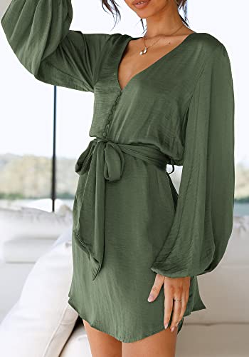 PRETTYGARDEN Women's Spring Long Puff Sleeve Satin Dress V Neck Cocktail Party Belted Short Formal Dresses (Army Green,Medium)