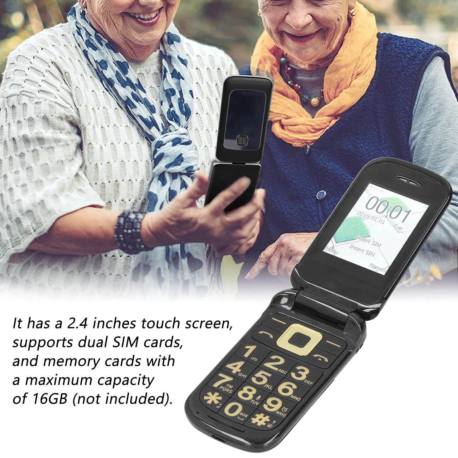 Hilitand Unlocked Flip Phone for Seniors, 2.4inch Large-Font Loud Volume Flip Cellphone, Dual SIM, 1200mah Large Capacity Battery, Support 2G GSM800/850/900/1800(Black)