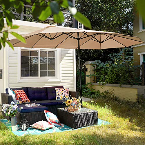PHI VILLA 15ft Patio Umbrellas, Outdoor Market Extra Large Umbrella wirh Base, Rectangle Long Double-Sided Umbrella for Yard Lawn Garden(Beige)
