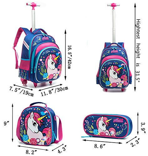 Meetbelify Girls Unicorn Rolling Backpacks Kids Backpack with Wheels for Girls School Bags with Lunch Box