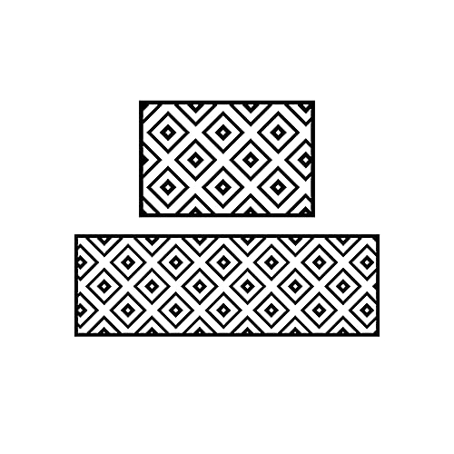 DISAKJ Kitchen Rugs and Mats Non Skid Washable Non-Slip, White and Black Area Kitchen Floor Mats Rug , Backing Mat for Doorway Mats Runner Rug Set, Geometric Design (20 x 63+20 x 31inch)