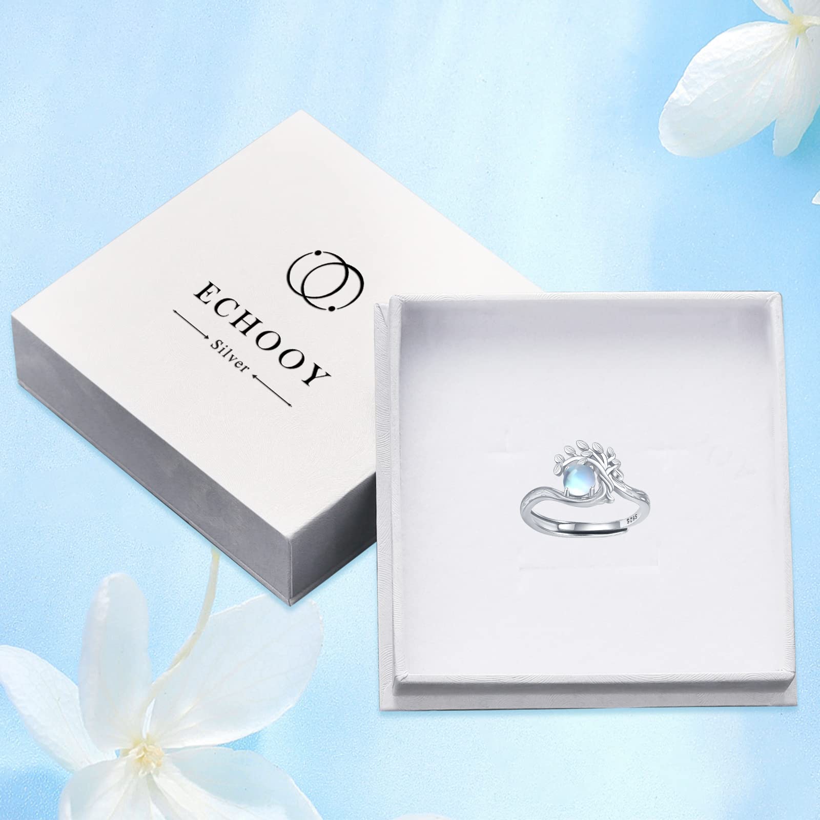 ECHOOY Moonstone Ring S925 Sterling Silver Tree Of Life Ring Moonstone Ring for Women Wrap Rings Promise Engagement Wedding Rings Size 8