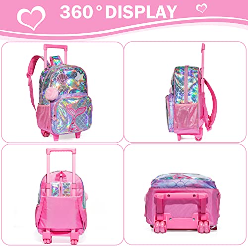 Meetbelify Rolling Backpack for Girls School Backpack with Wheels Kids Roller Luggage for Elementary Kindergarten Students with Lunch Box Pencil Case for Girls 5-12 Years Old