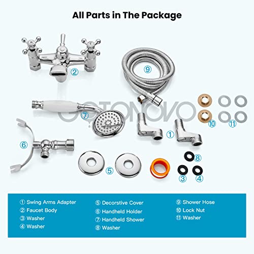 gotonovo Vintage Wall Mount Clawfoot Tub Faucet 3-9Inch Adjustable Center Polished Chrome 2 Double Handle Shower Faucet System Telephone Shape