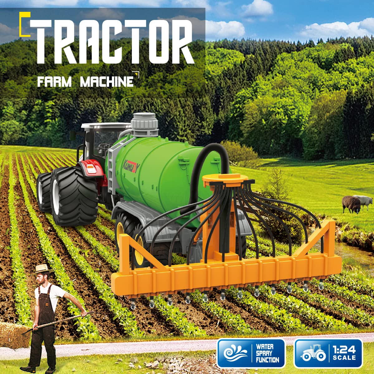 fisca RC Tractor Remote Control Farm Truck with Spreader, 2.4Ghz 1/24 Scale Electronic Tractor Farm Vehicle Toy with Light for Kids Age 5, 6, 7, 8, 9 and Up Years Old