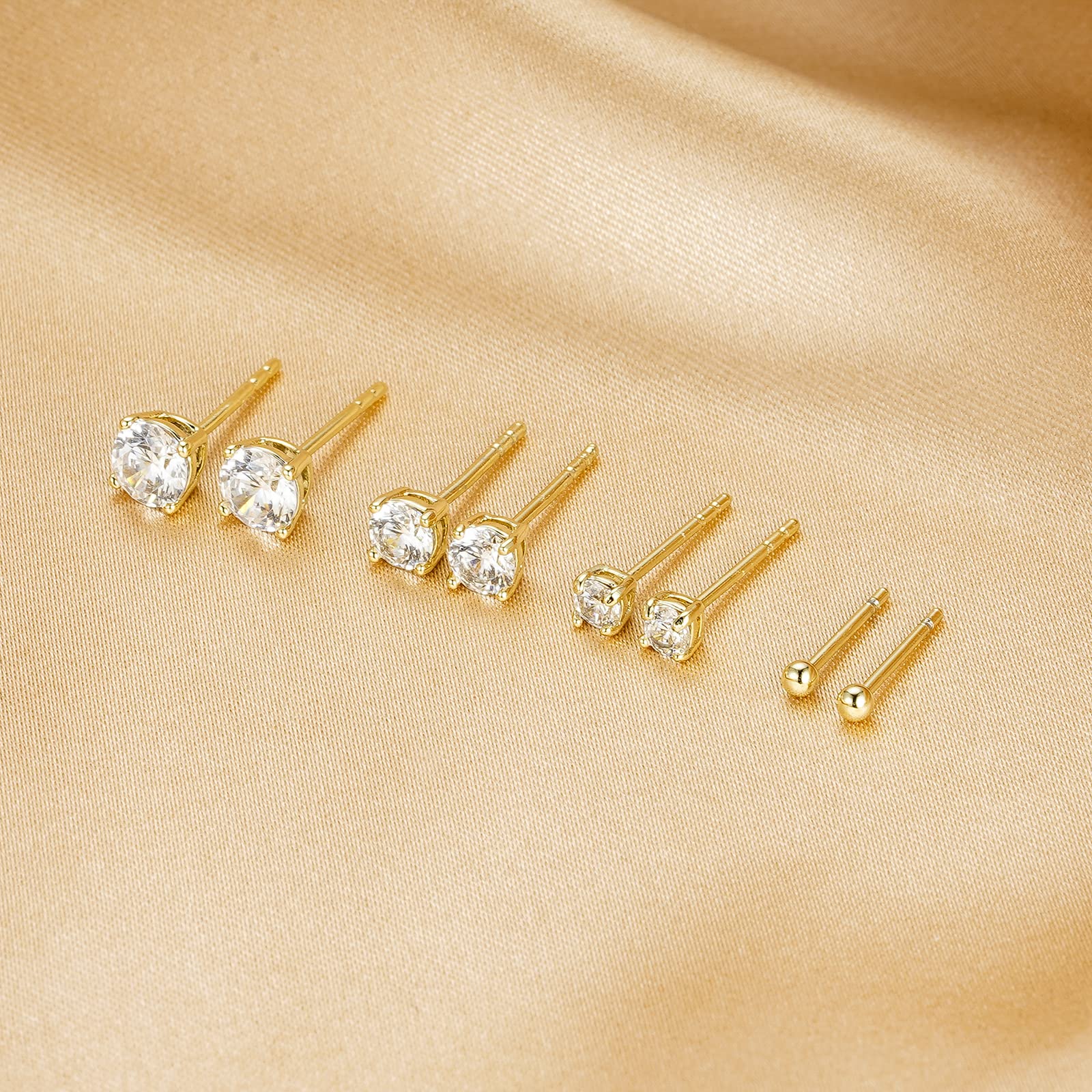 Dabestapp 14K Gold Plated CZ Stud Earrings Simulated Diamond Hypoallergenic Piercing Ear Studs Set 2mm /3mm/4mm/5mm for womens and girls(4Pairs )