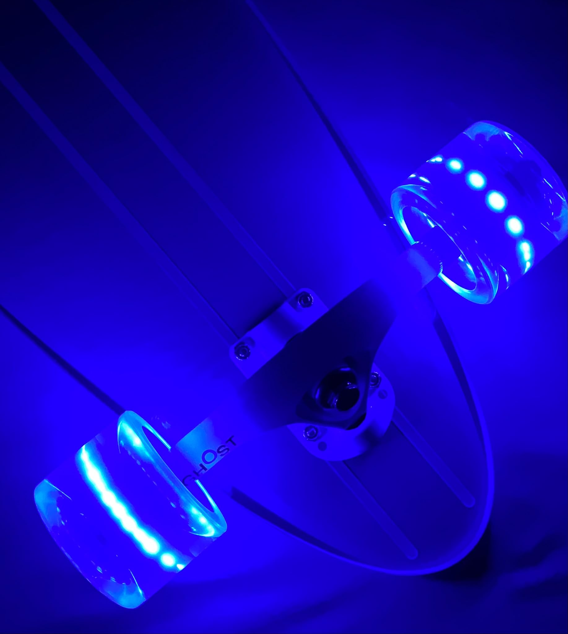 Clear Longboard with Light Up LED Wheels, 48" Pintail Riptide. Acrylic clear skatboard for all ages. weight limit 230 lbs. Made in USA