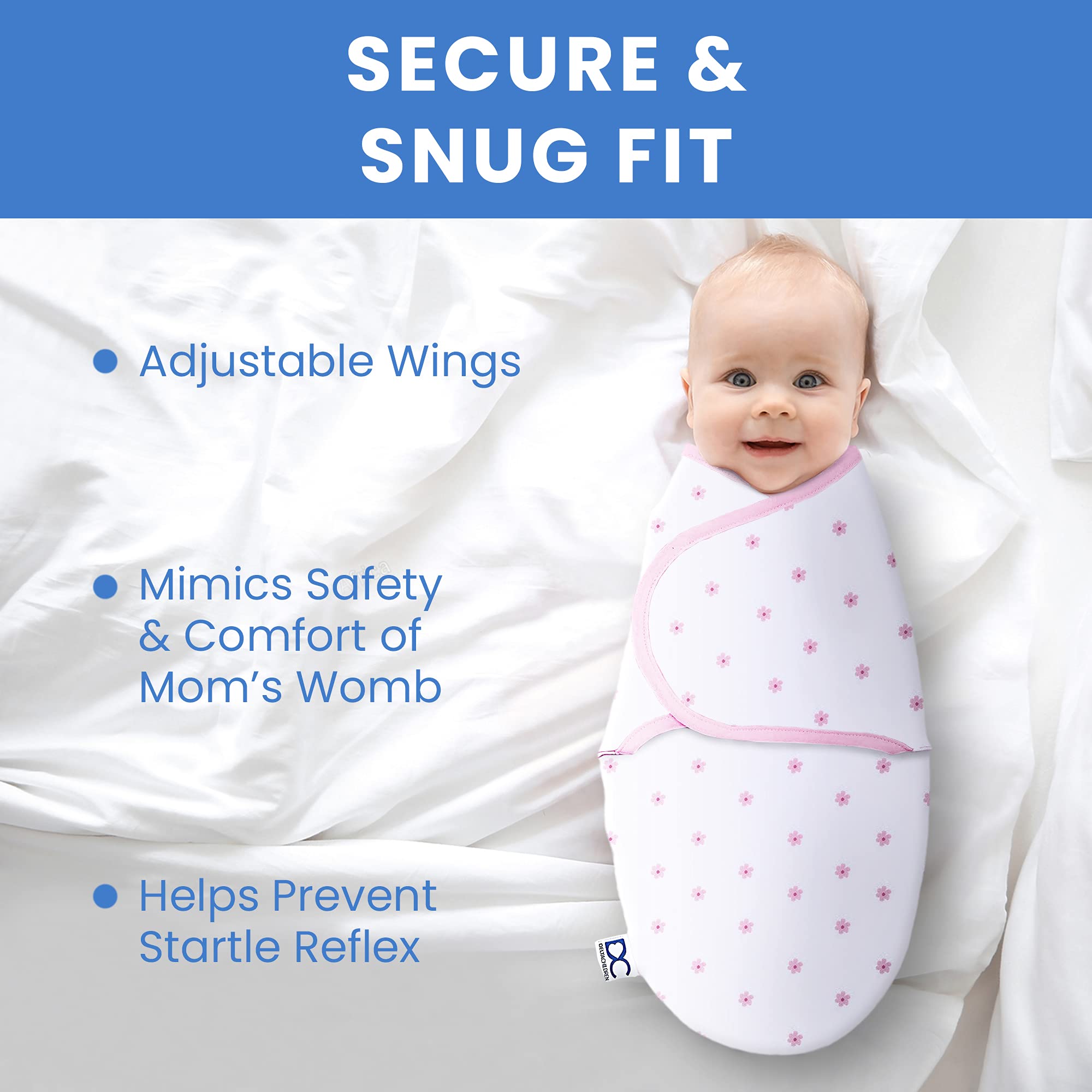 Delta Children Little Lambs Adjustable Swaddle Wrap - Premium Cotton - Size Small/Medium, Fits Babies 0-3 Months/7-14 lbs., 4-Pack, Pink