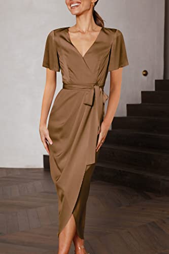 PRETTYGARDEN Women's Summer Formal Midi Satin Dress Short Sleeve V Neck Belted Cocktail Party Ruched Dresses (Brown,X-Large)