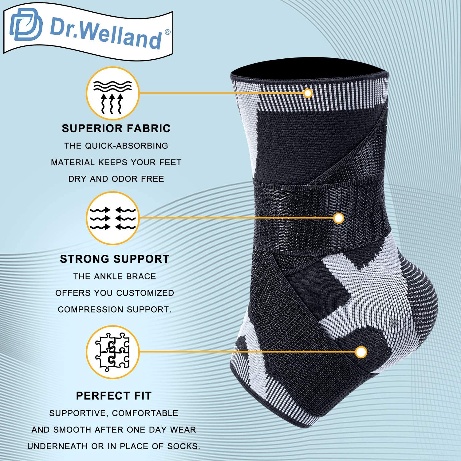 Dr.Welland 2 Pack Foot Sleeve Ankle Brace Compression Support Sleeve for Injury Recovery, Swelling, Joint Pain, Sprained Ankle, Achilles Tendon, Heel Spurs, Plantar Fasciitis with Adjustable Strap.