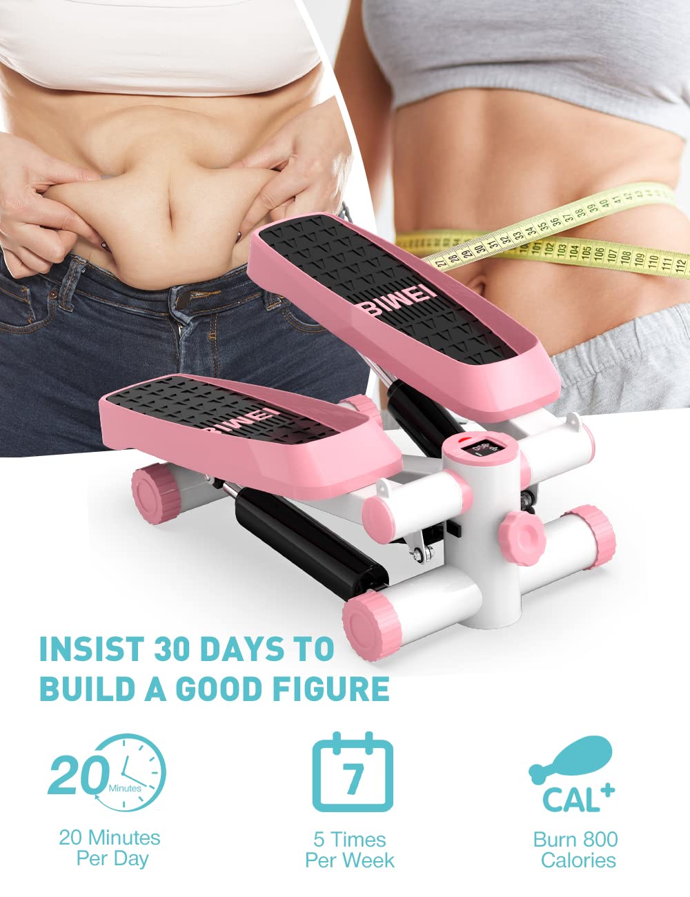 DACHUANG Mini Exercise Stepper, Stair Steppers with Resistance Bands, Fitness Stepper Exercise Machine with LCD Display Aerobic Step Fitness Machines for Home Office Workout Light Pink