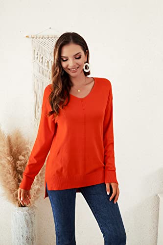 MicroStar Women's Spring Casual Lightweight V Neck Batwing Long Sleeve Knit Top Loose Pullover Sweater Orange