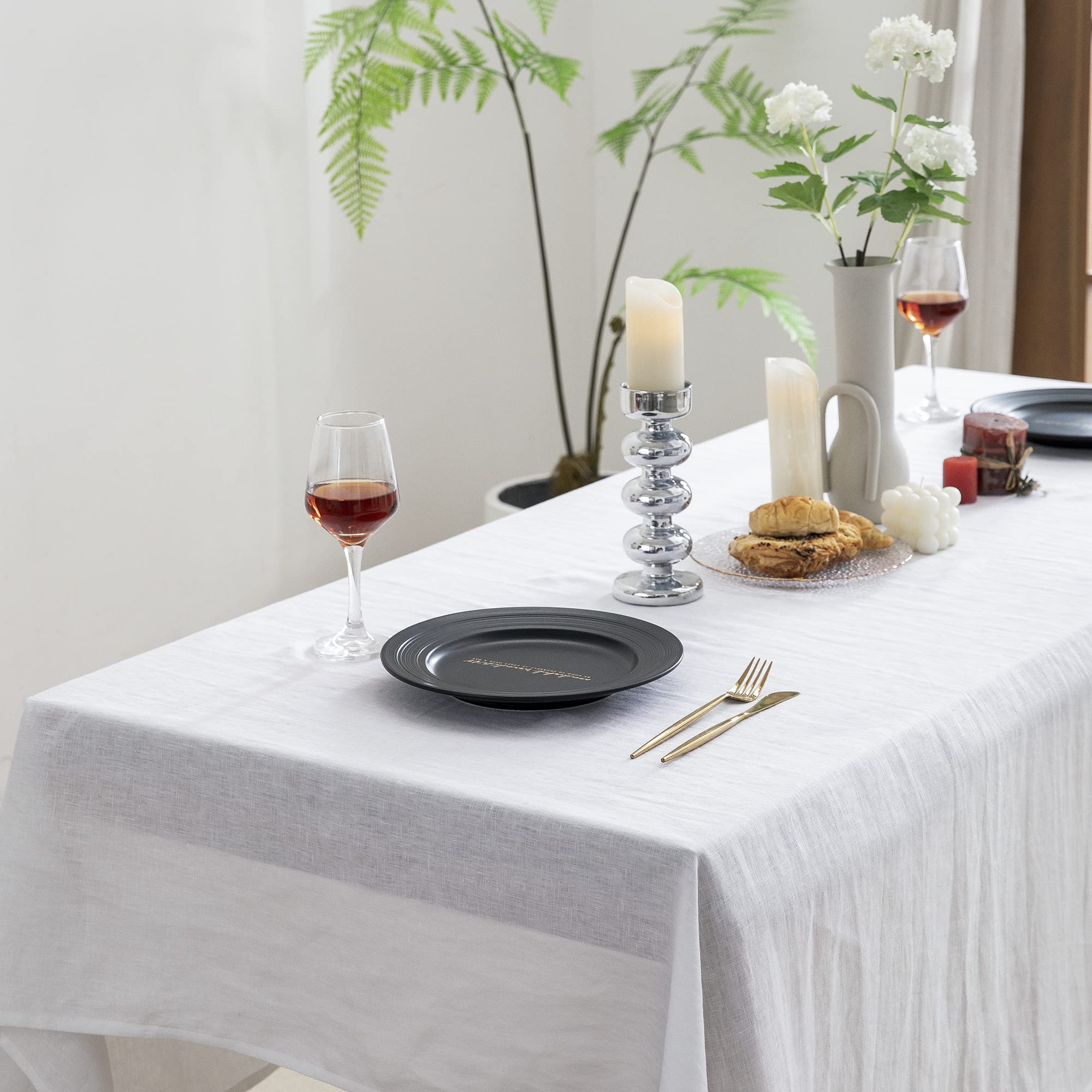EVERLY Pure Linen Hemstitch Tablecloth,100% Stonewashed French Linen tablecloths for Kitchen Dining Rectangle Tables,60x108Inch Machine Washable Christmas Thanksgiving Organic Tablecloth-White